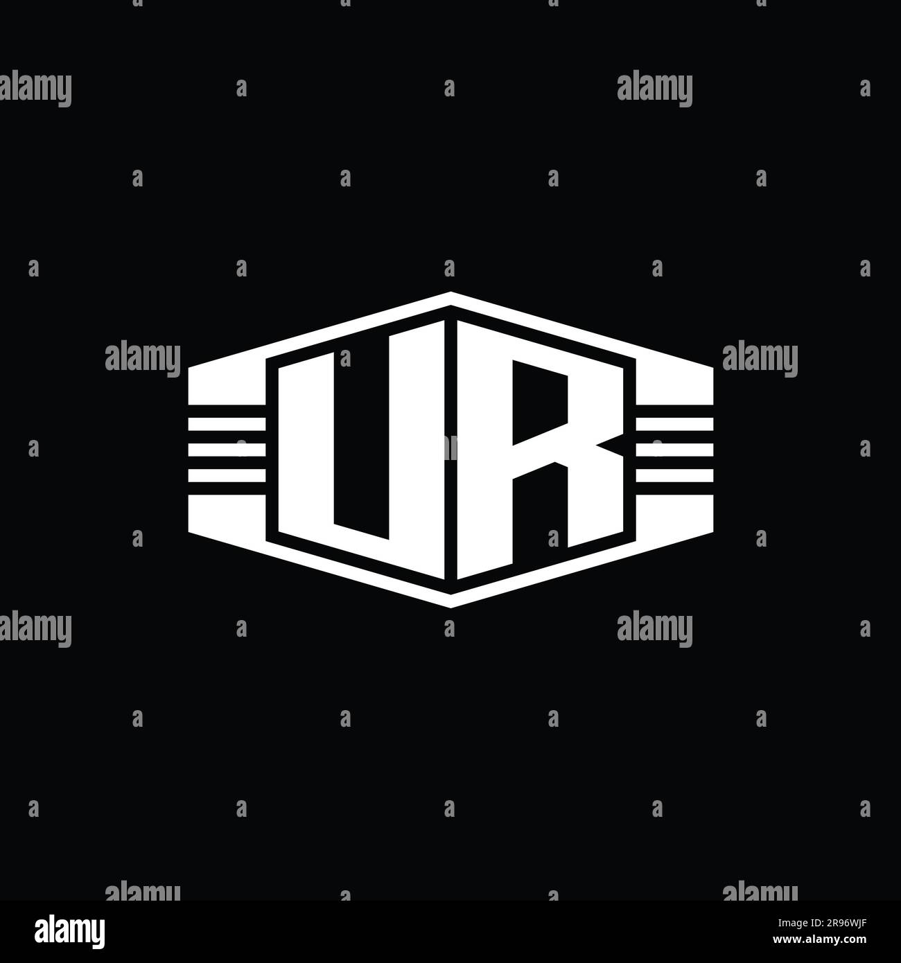 UR Letter Logo monogram hexagon emblem shape with stripes outline style ...