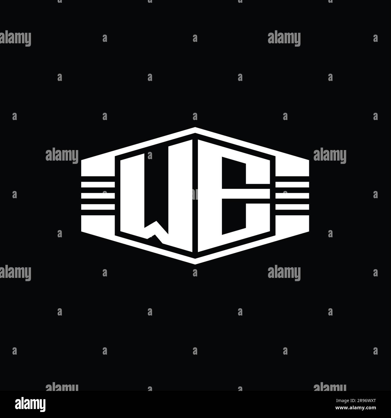 WE Letter Logo monogram hexagon emblem shape with stripes outline style ...