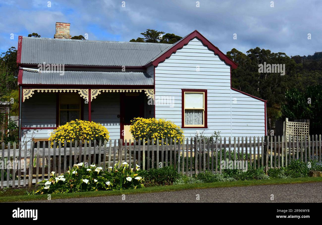 historical trentham cottage, flowers, and picket fence at port arthur ...