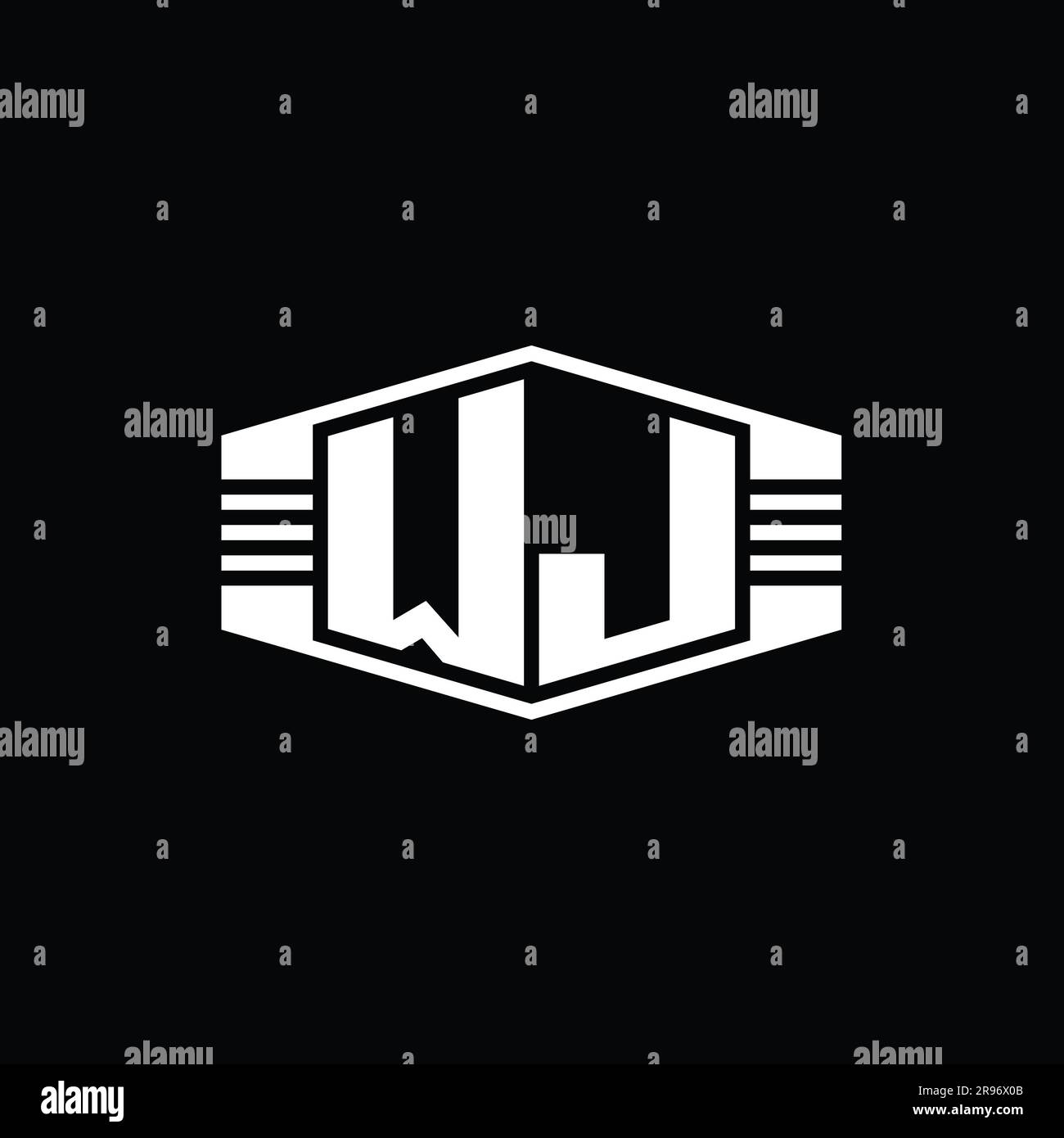 WJ Letter Logo monogram hexagon emblem shape with stripes outline style ...