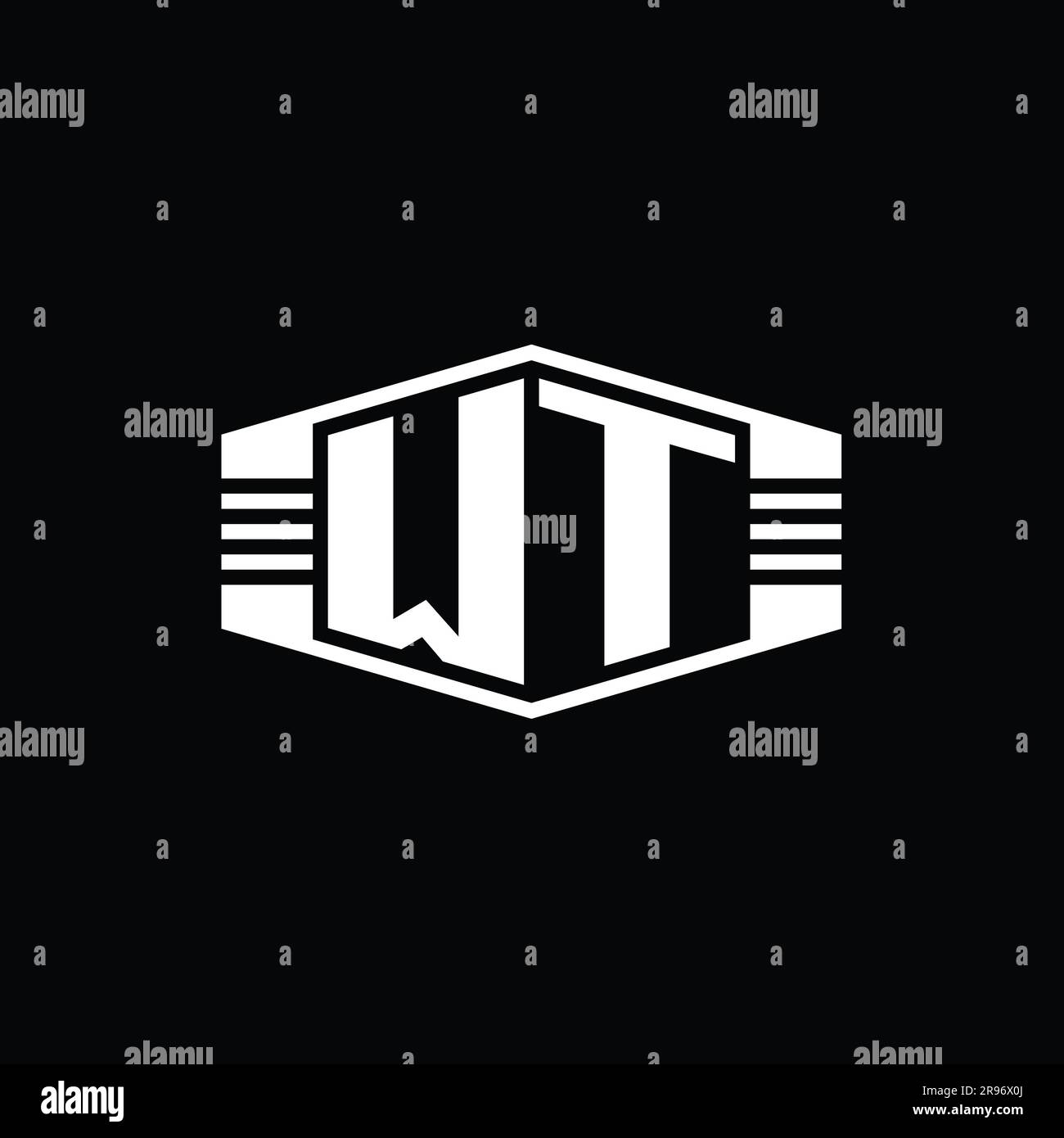 WT Letter Logo monogram hexagon emblem shape with stripes outline style ...