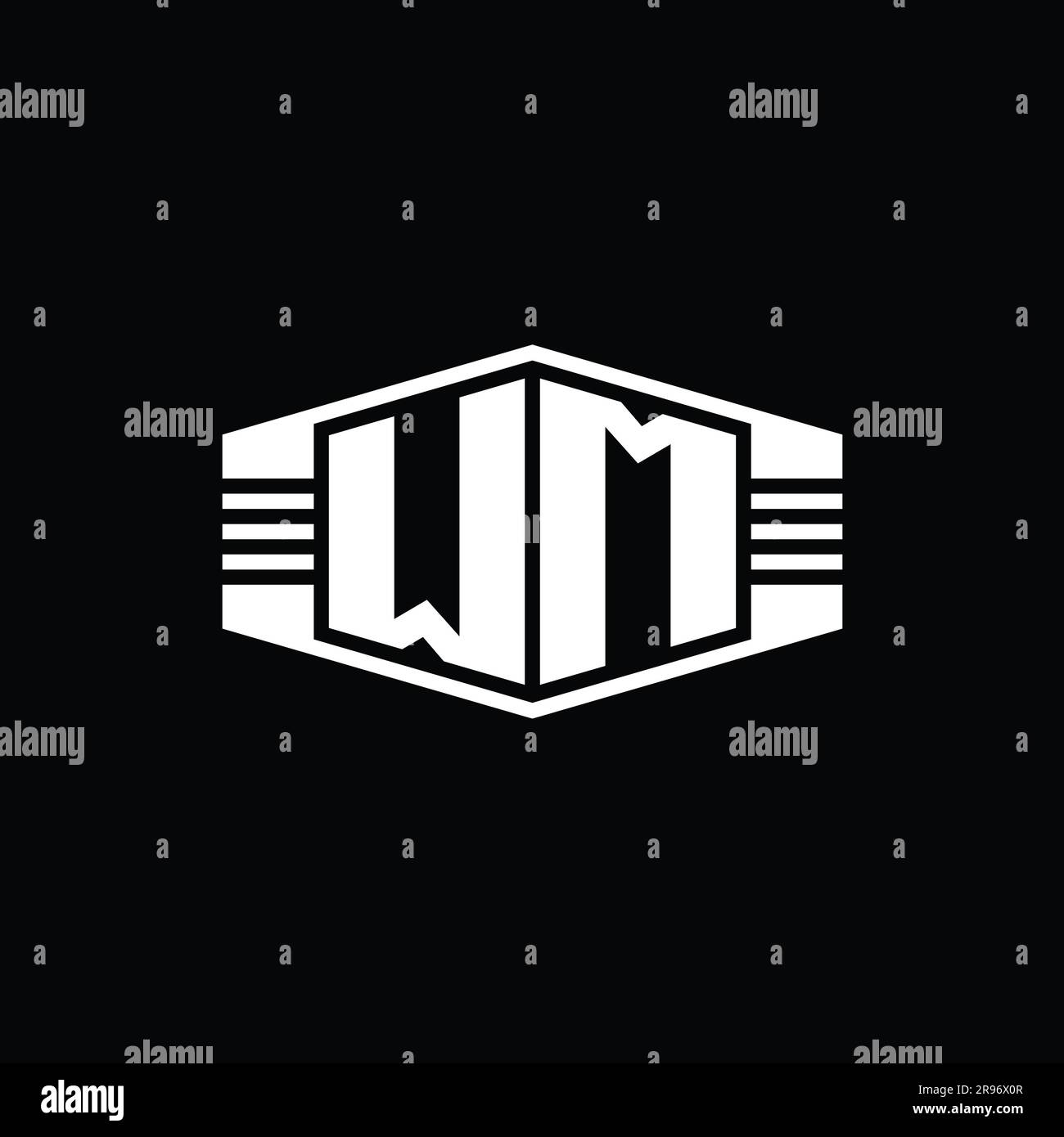 WM Letter Logo monogram hexagon emblem shape with stripes outline style ...