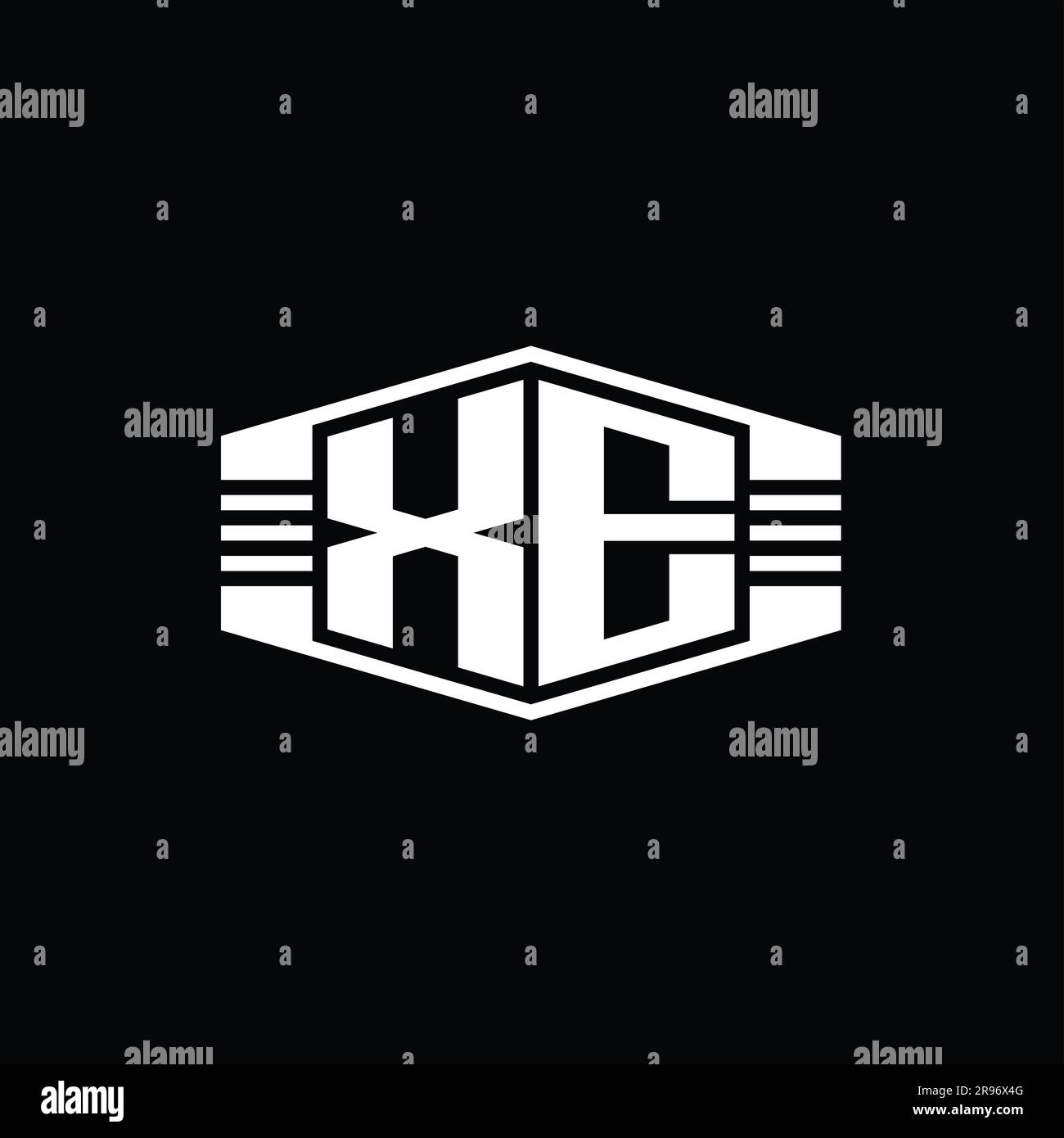 XE Letter Logo monogram hexagon emblem shape with stripes outline style design template Stock ...