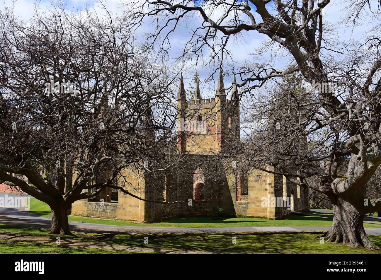 picturesque ruins of the gothic-style convict church at the port arthur ...