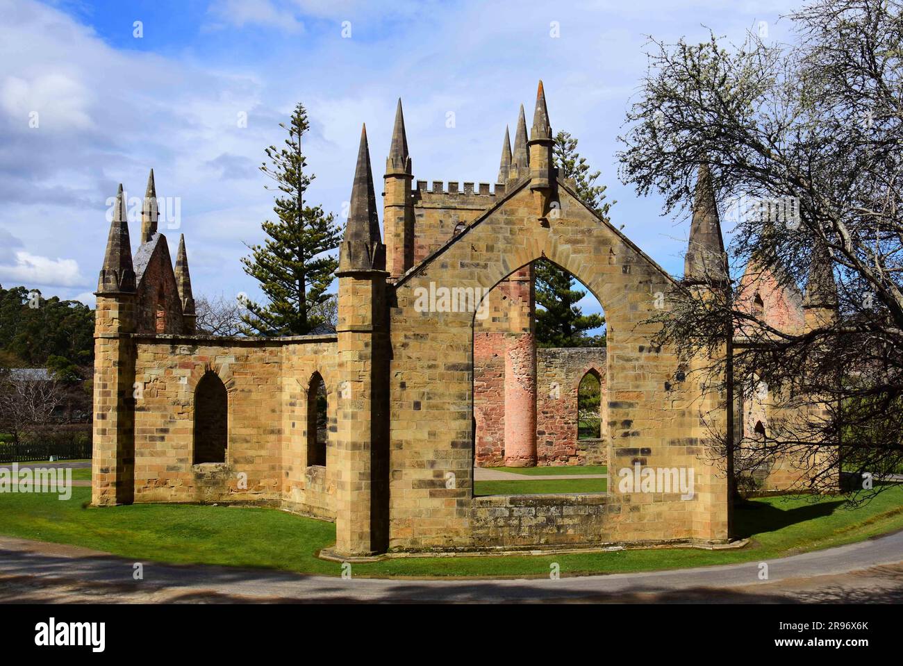 picturesque ruins of the gothic-style convict church at the port arthur ...
