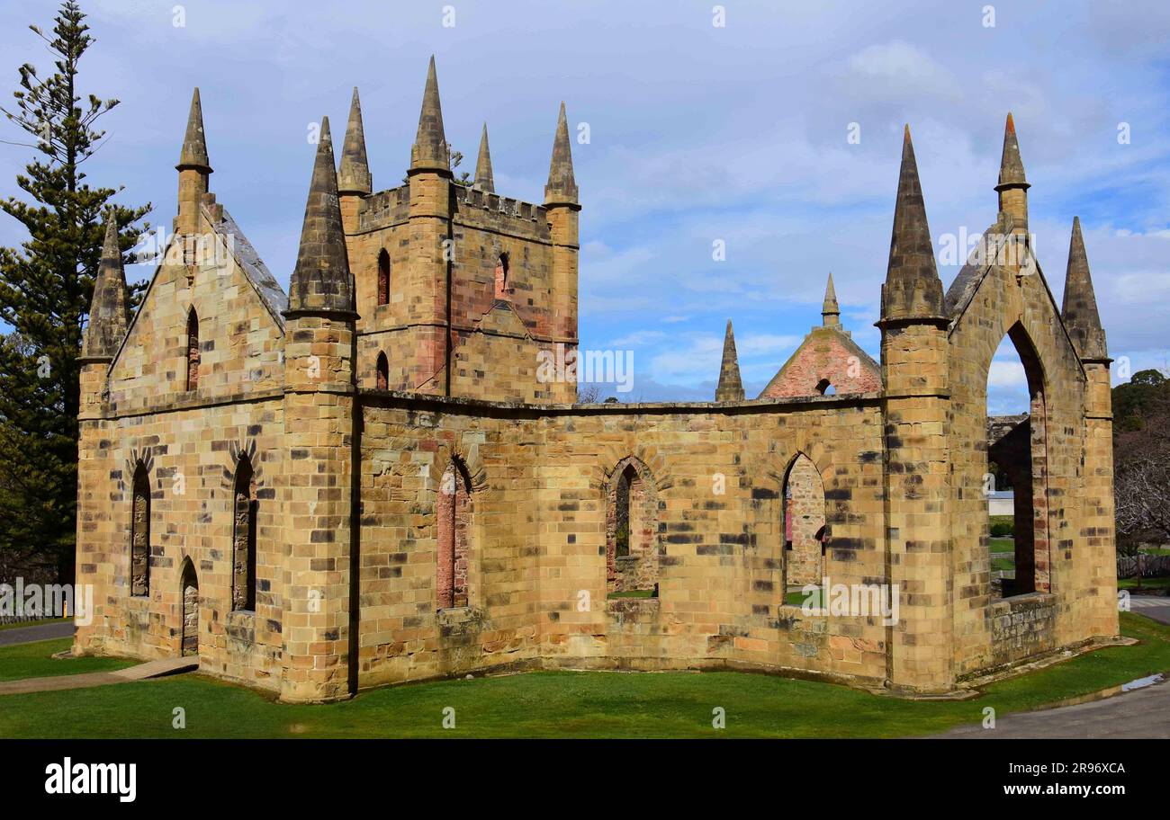 picturesque ruins of the gothic-style convict church at the port arthur ...