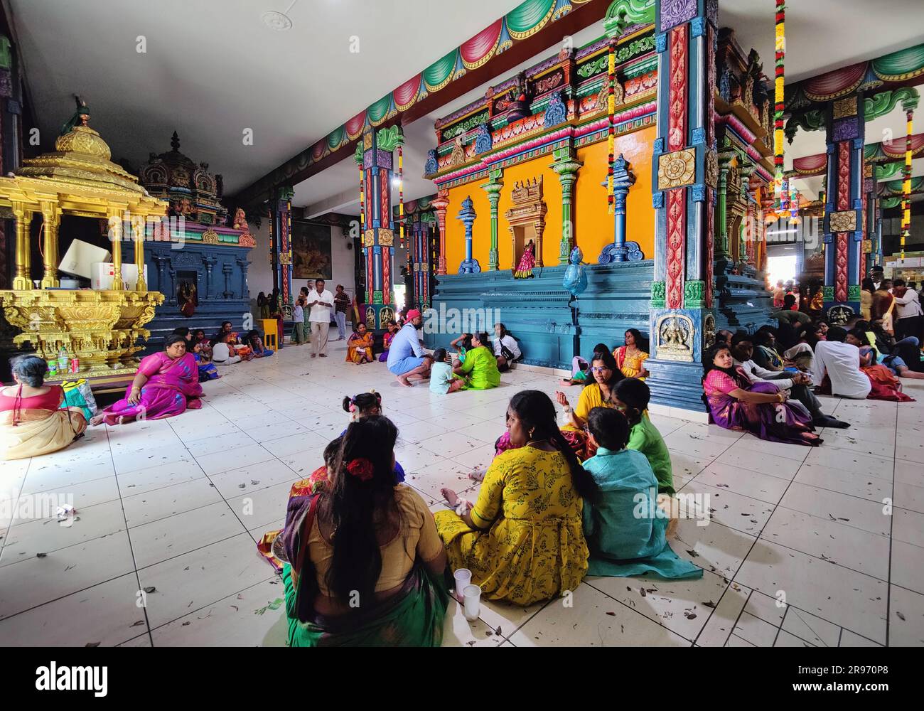 Hindu temple Sri Kamadchi Ampal, interior view at the temple festival ...
