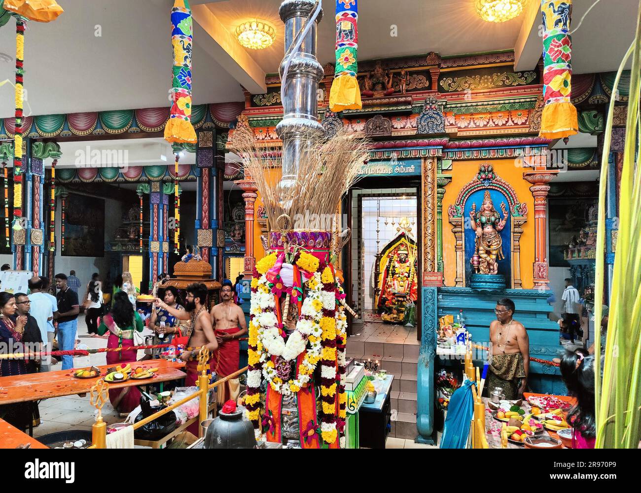 Hindu temple Sri Kamadchi Ampal, interior view at the temple festival ...