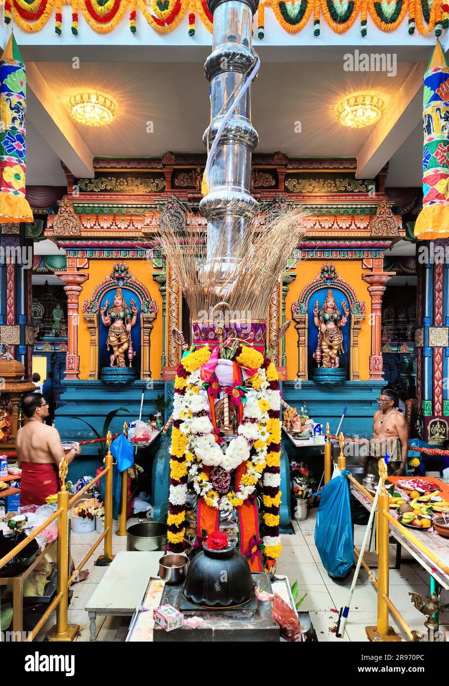 Hindu temple Sri Kamadchi Ampal, interior view at the temple festival ...
