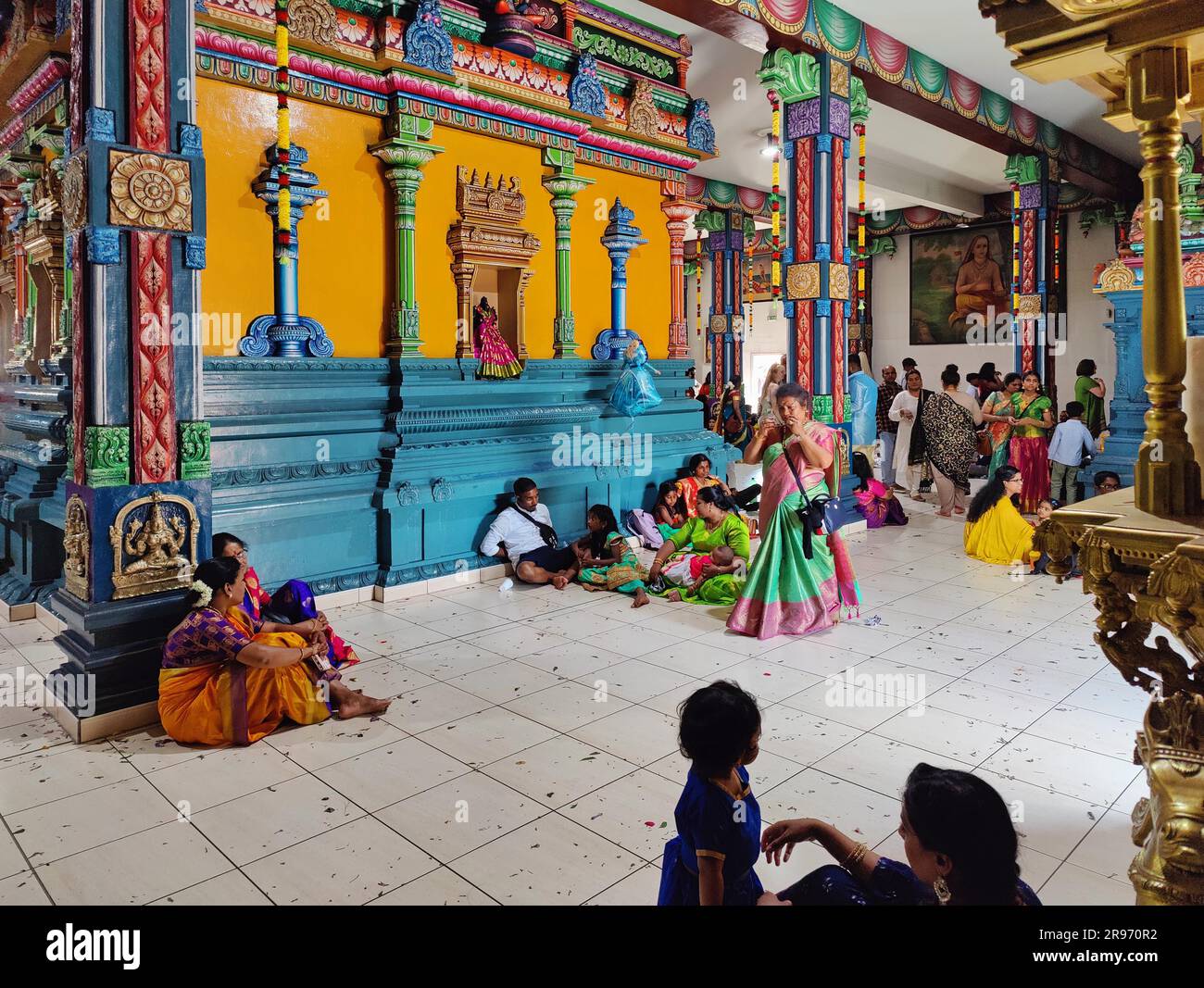 Hindu temple Sri Kamadchi Ampal, interior view at the temple festival ...
