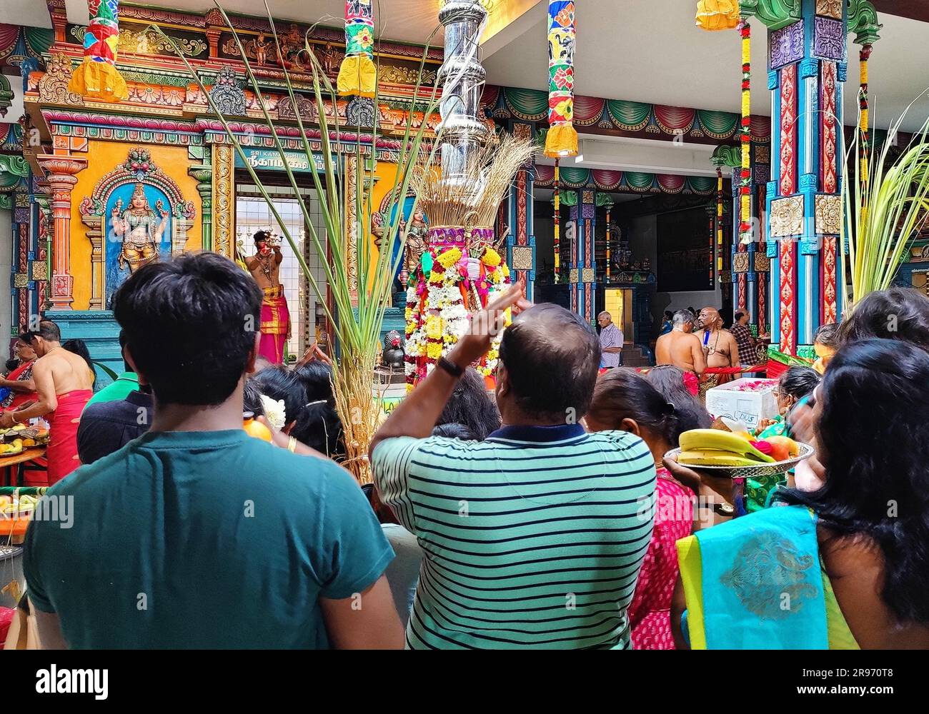 Hindu temple Sri Kamadchi Ampal, interior view at the temple festival ...