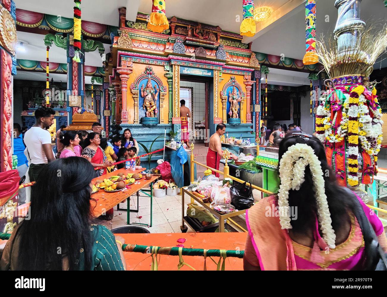 Hindu temple Sri Kamadchi Ampal, interior view at the temple festival ...