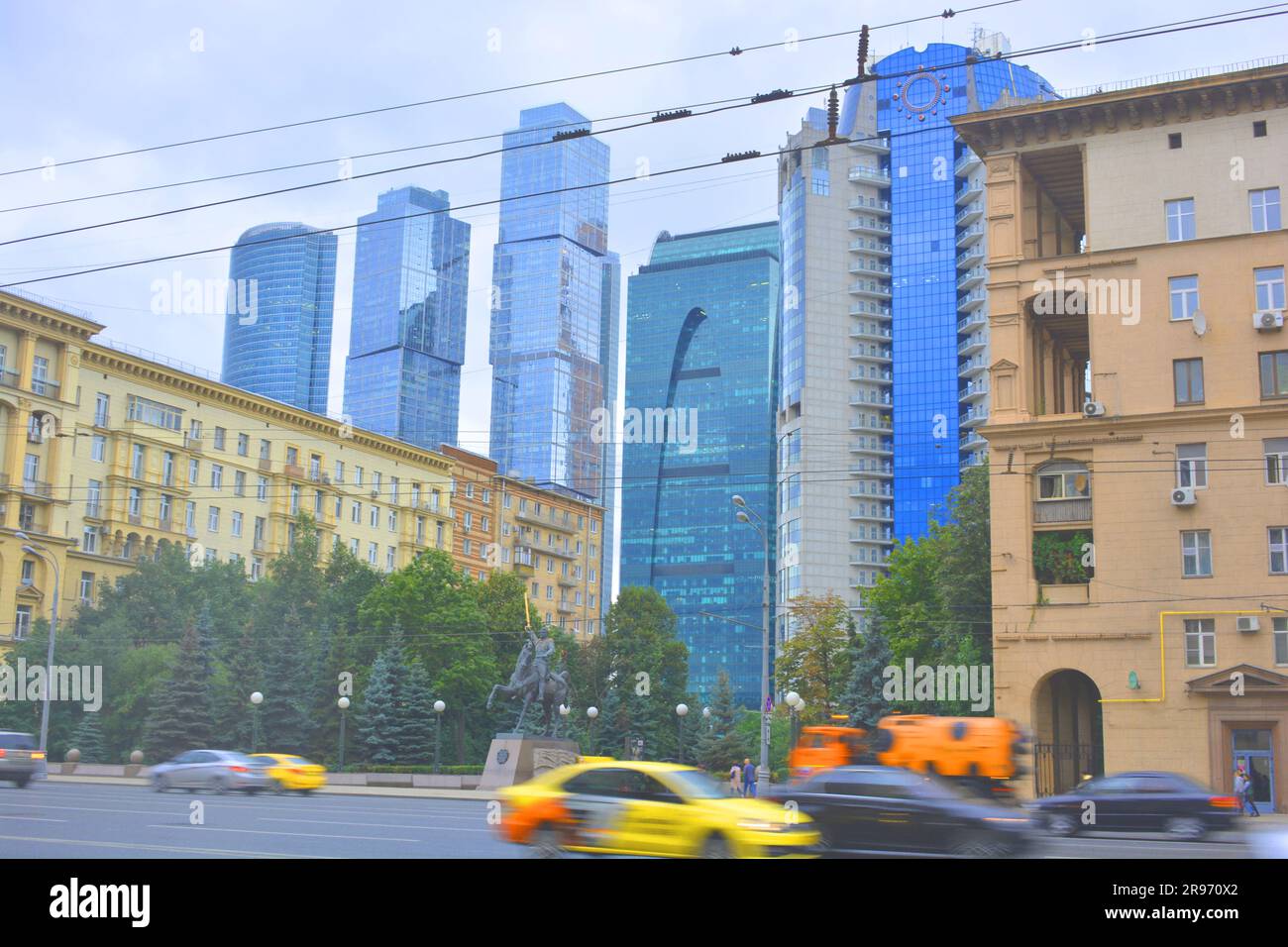 Looking at the buildings of the Moscow City, old and new buildings of ...