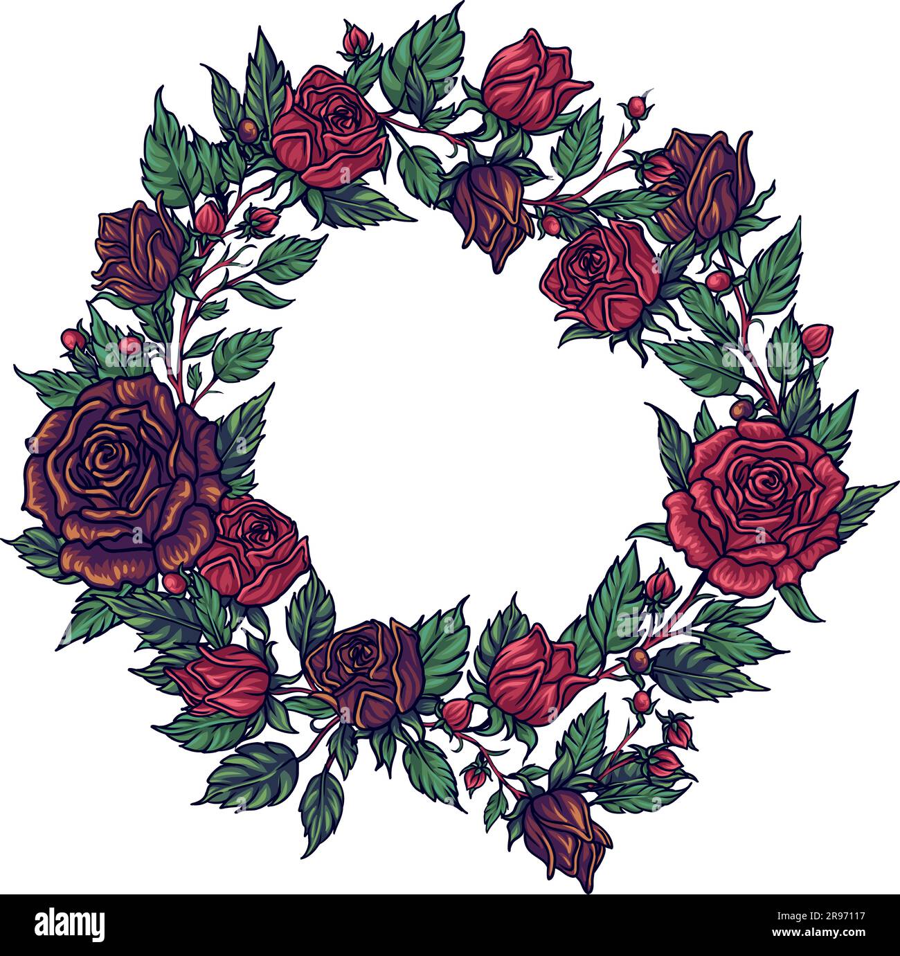 wild red roses, round frame, invitation template, single object ...