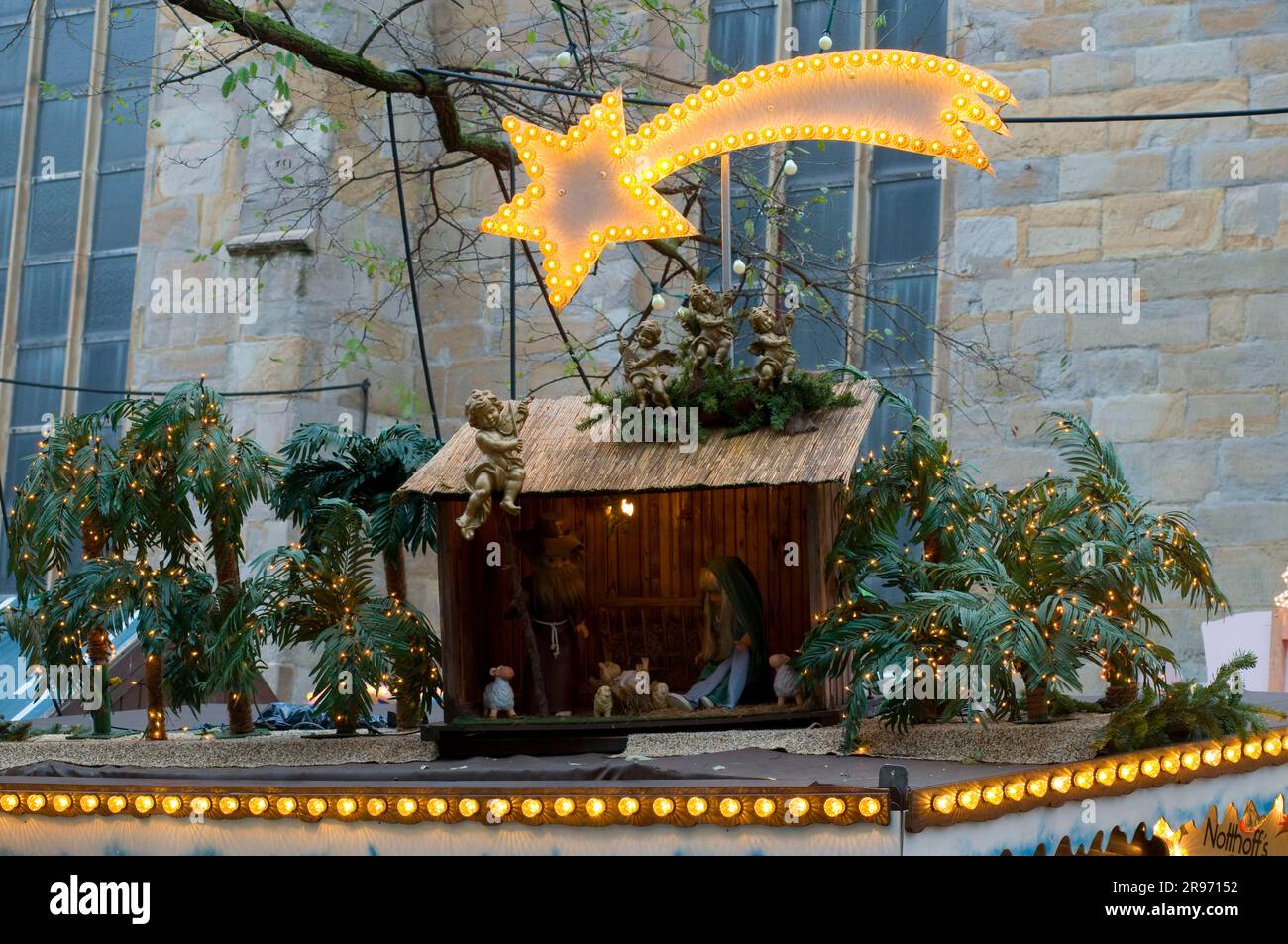 Nativity scene with star, Christmas market, Dortmund, Ruhr area, North ...