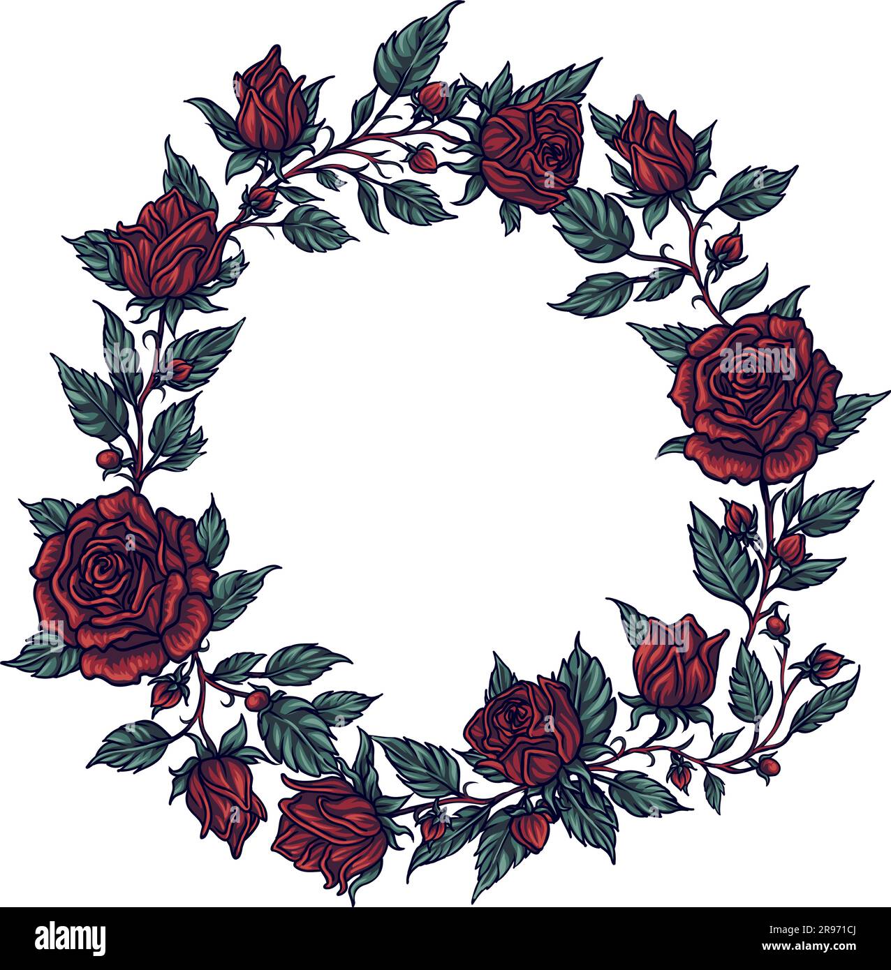 wild red roses, round frame, invitation template, single object ...