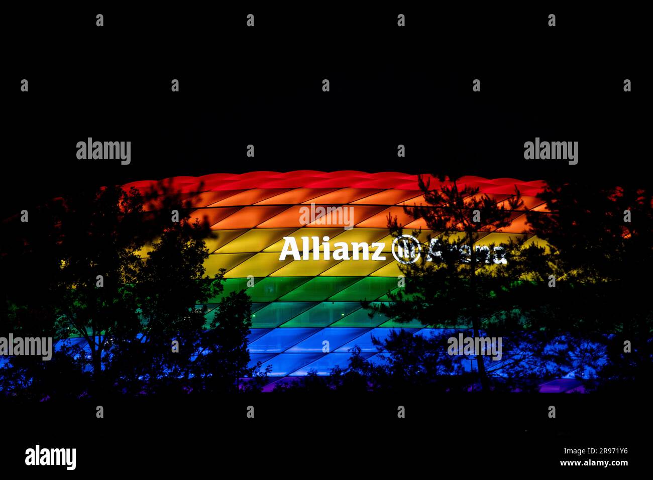 Munich, Germany. 24th June, 2023. Allianz Arena lights up in rainbow ...
