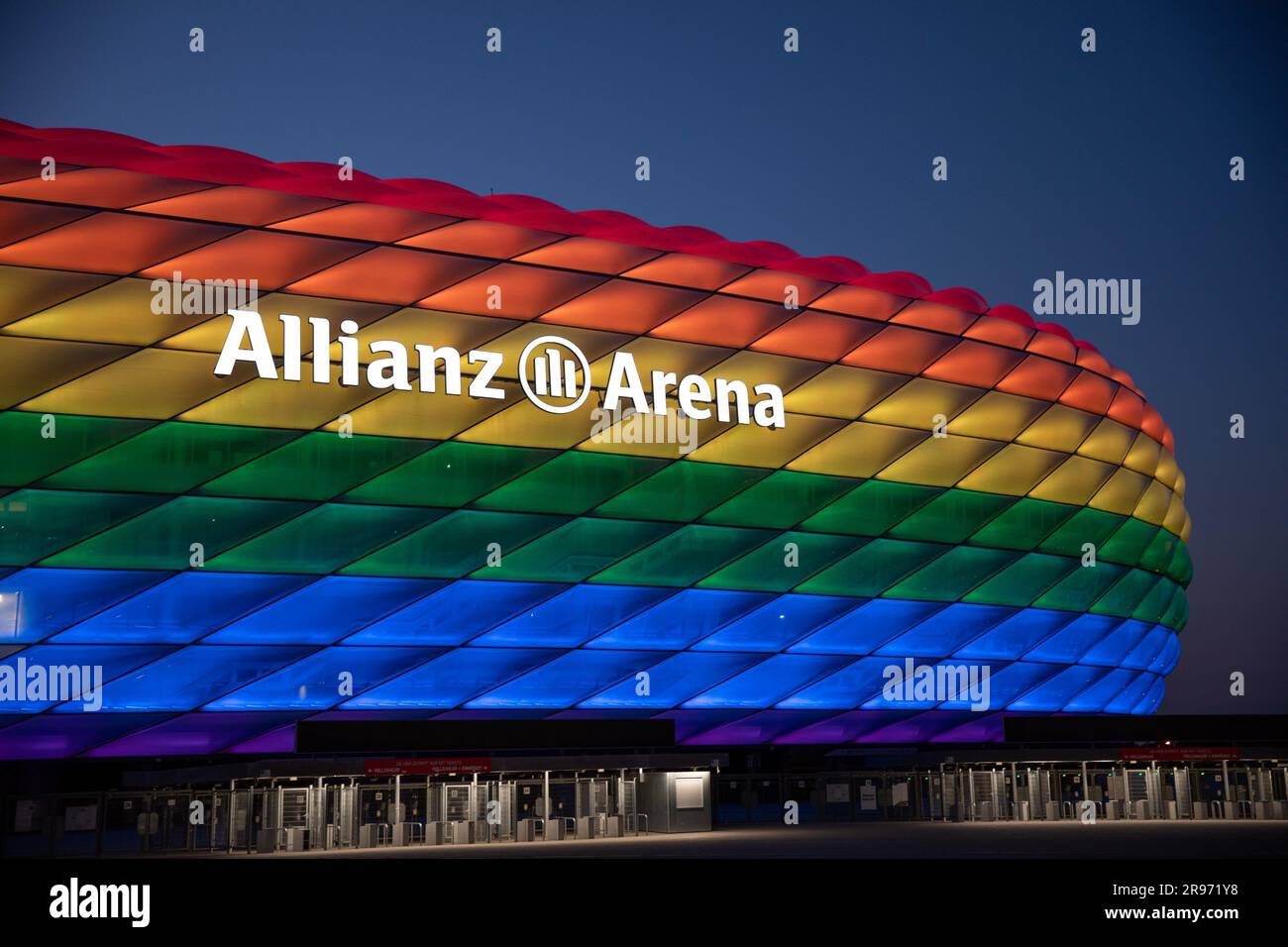 Munich, Germany. 24th June, 2023. Allianz Arena lights up in rainbow ...