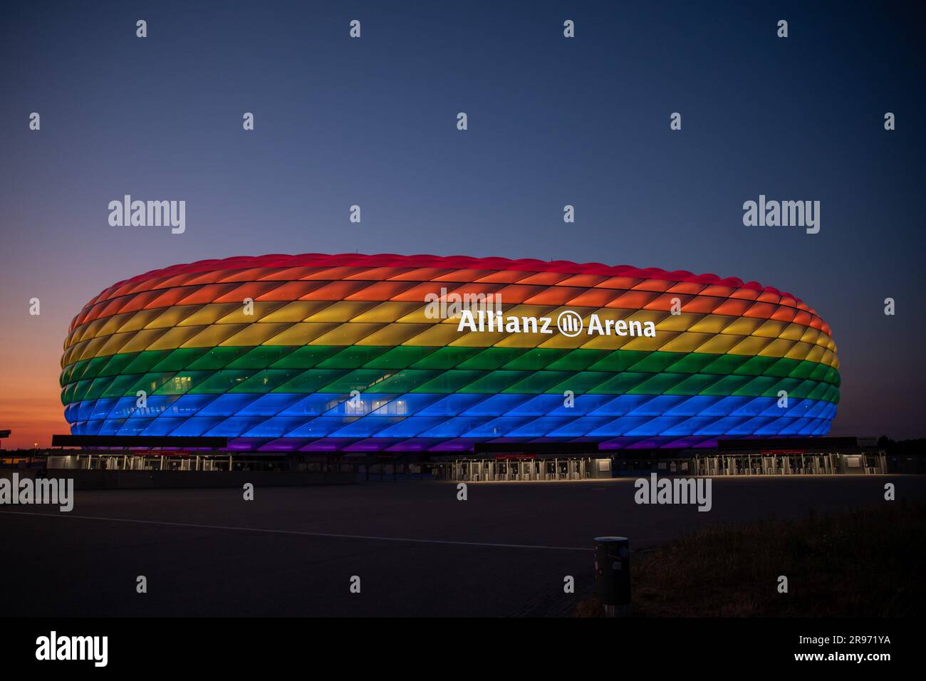 Munich, Germany. 24th June, 2023. Allianz Arena lights up in rainbow ...