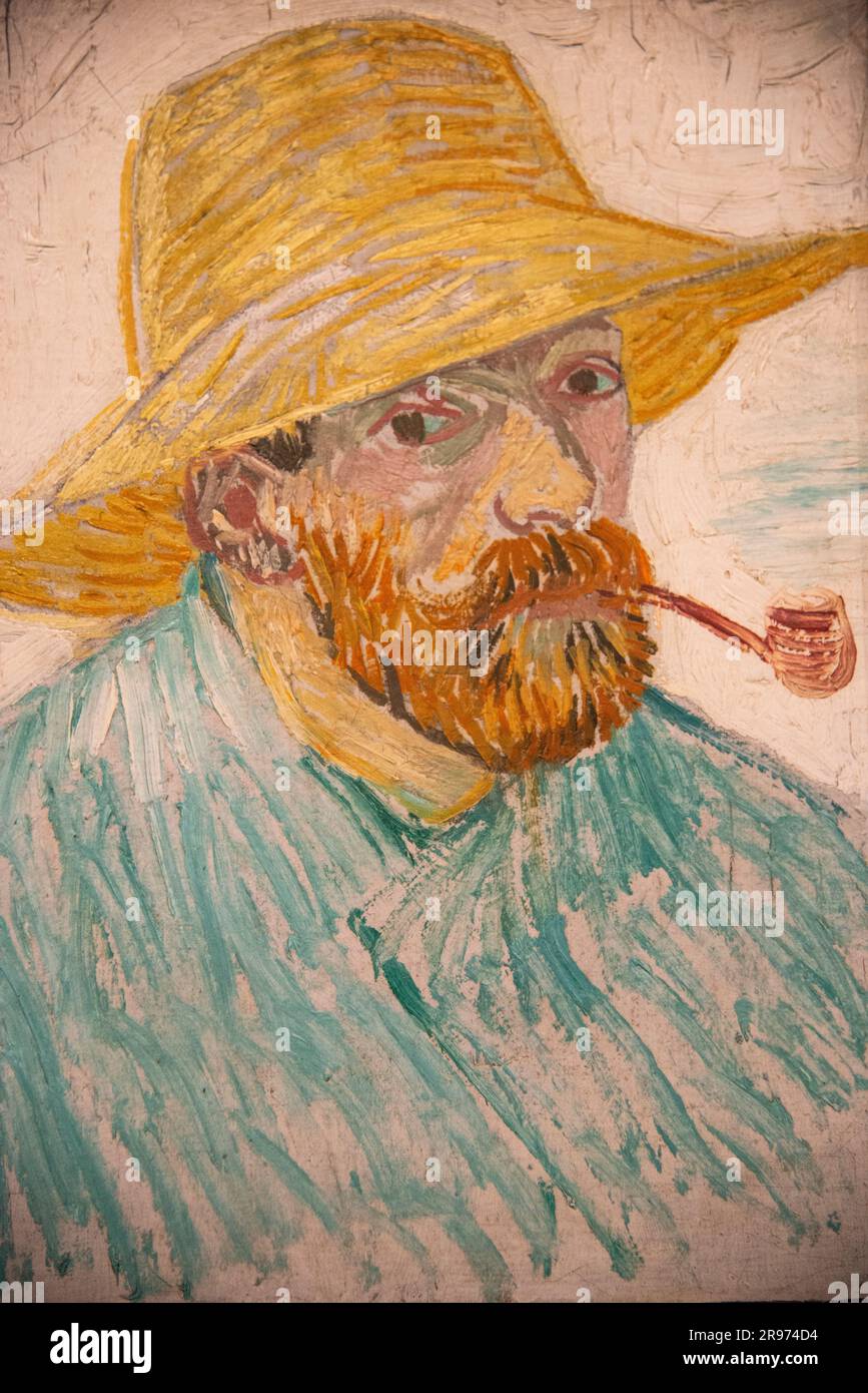 Van Gogh self-portrait in a yellow hat with a pipe at the Van Gogh ...