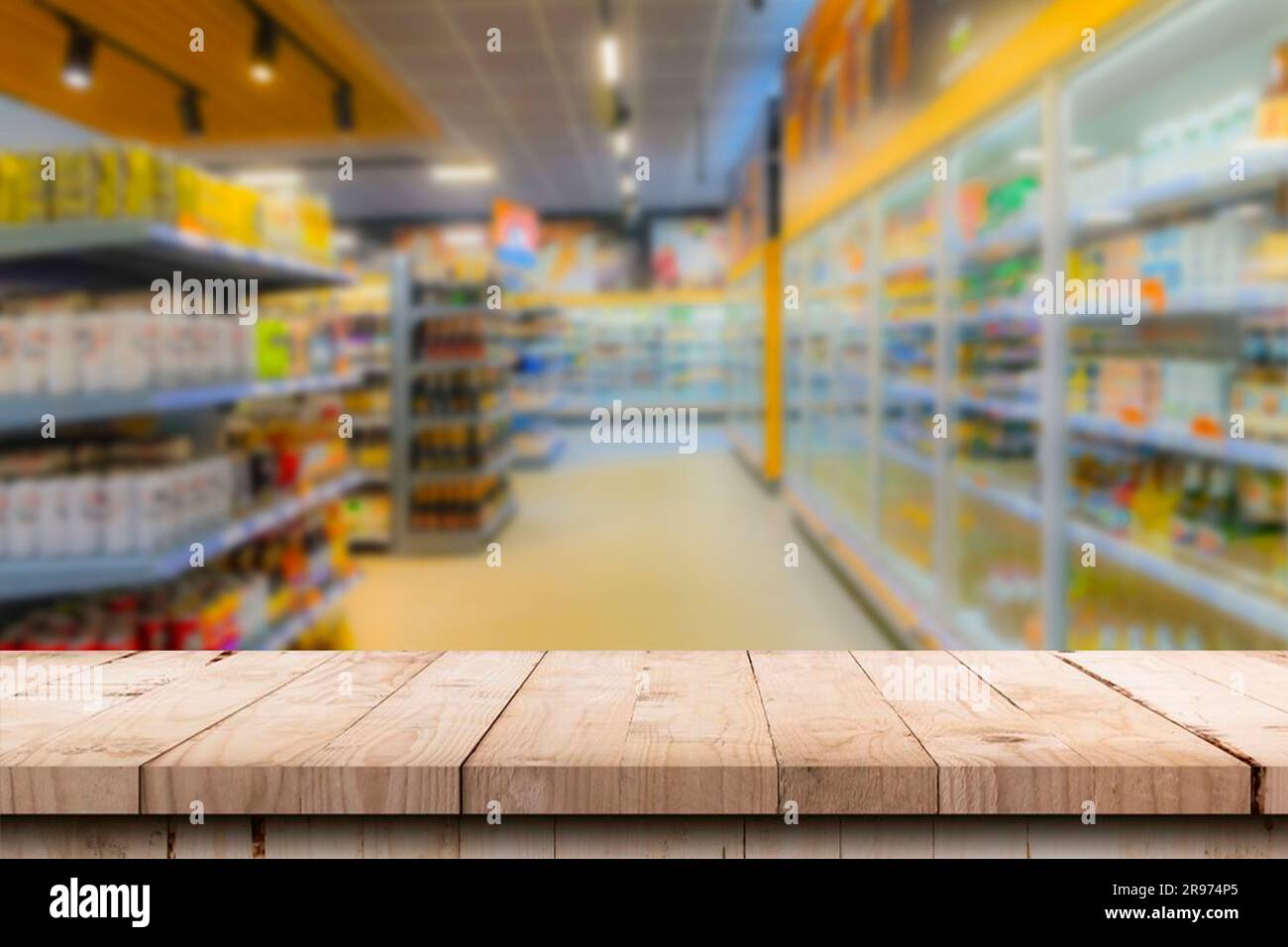 Tabletop counter with Blur Shelf display on retail food store ...