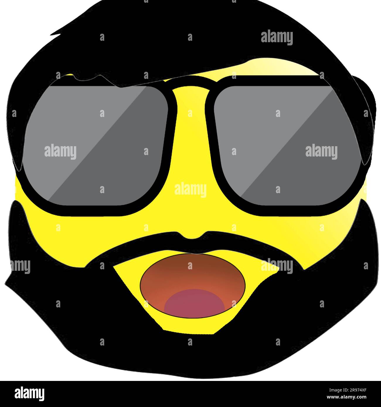 Yellow emoticon in sunglasses with a beard, open mouth isolate on white ...