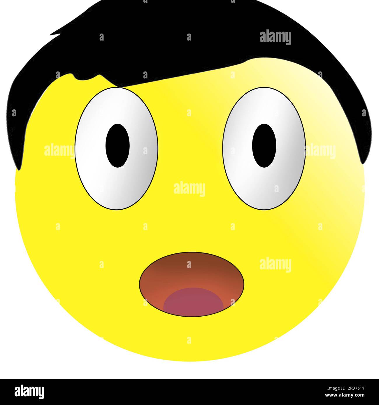 Yellow emoticon with hairstyle black hair on white background isolate ...