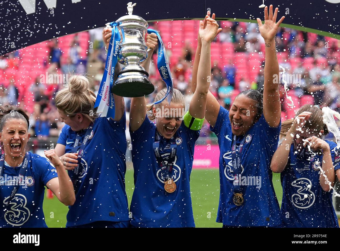 Chelsea players celebrate winning the 2023 FA Cup during the Women's FA ...