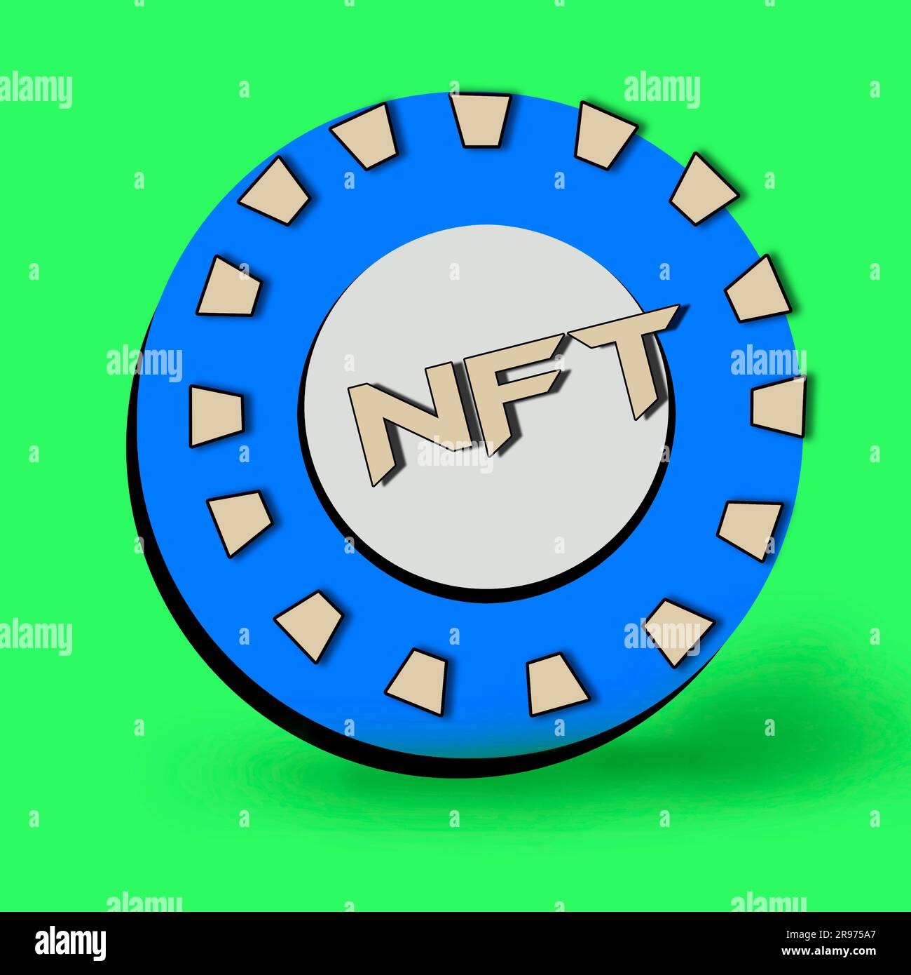 blue chip of non-fungible token on green background with shadow isolate ...