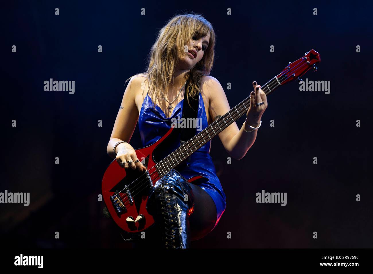 Victoria De Angelis of Maneskin performs on the Woodsies Stage at the ...