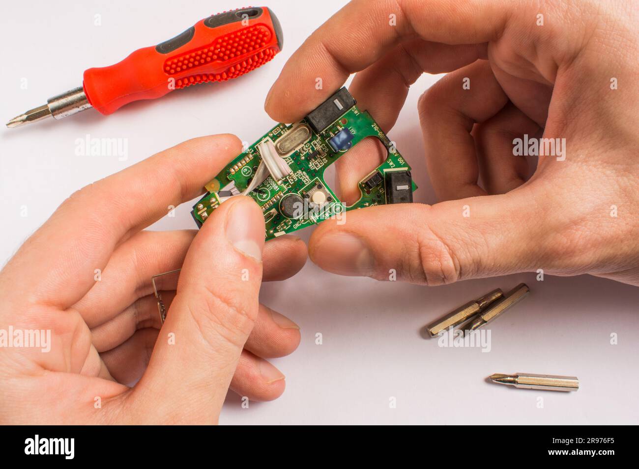 board in hands on a white background with a red screwdriver and ...
