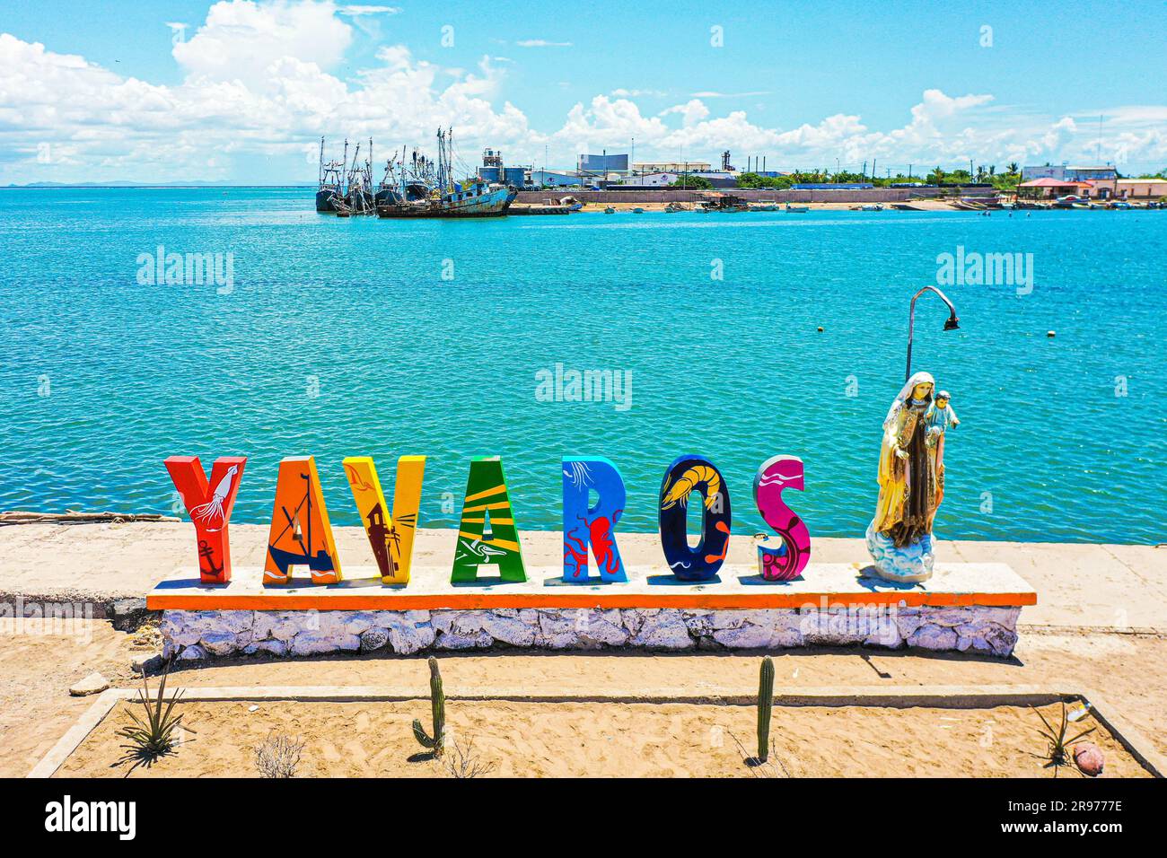 Santa muerte and colorful monumental letters in the maritime port and ...