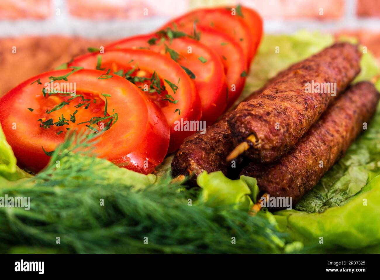 vegetables barbecue salad tomato ketchup lulia kebab with golden crust ...