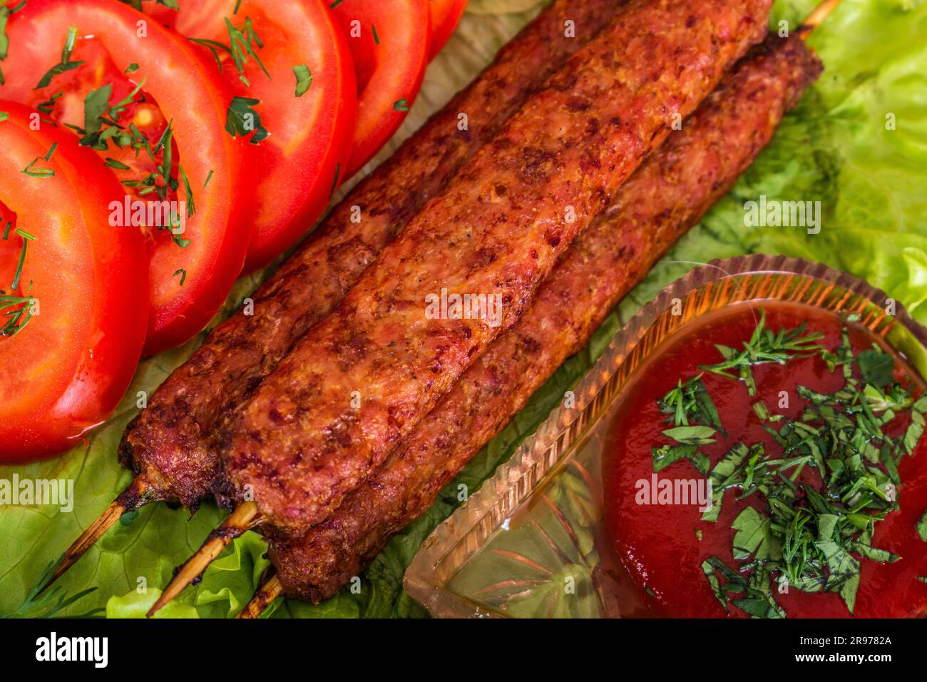 vegetables barbecue salad tomato ketchup lulia kebab with golden crust ...