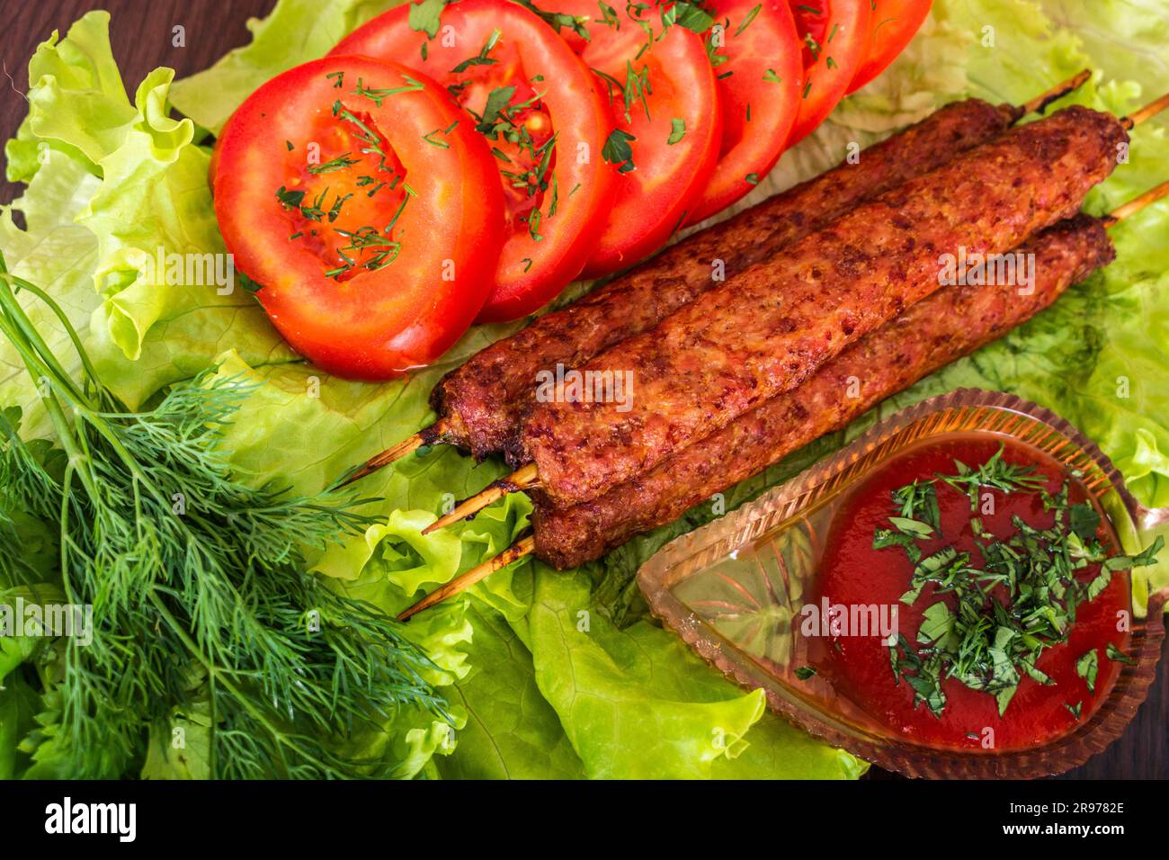 vegetables barbecue salad tomato ketchup lulia kebab with golden crust ...
