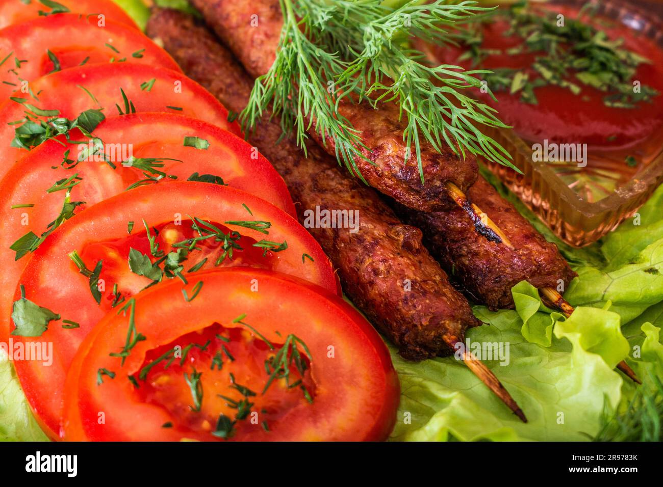 vegetables barbecue salad tomato ketchup lulia kebab with golden crust ...