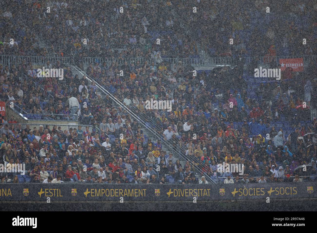 BARCELONA - APR 29: A view of the fans while raining during the LaLiga ...