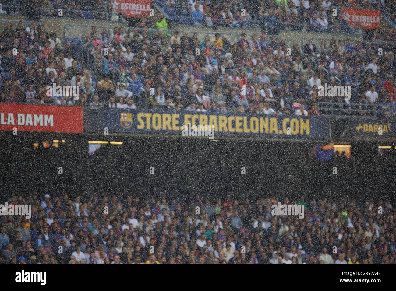 BARCELONA - APR 29: A view of the fans while raining during the LaLiga ...