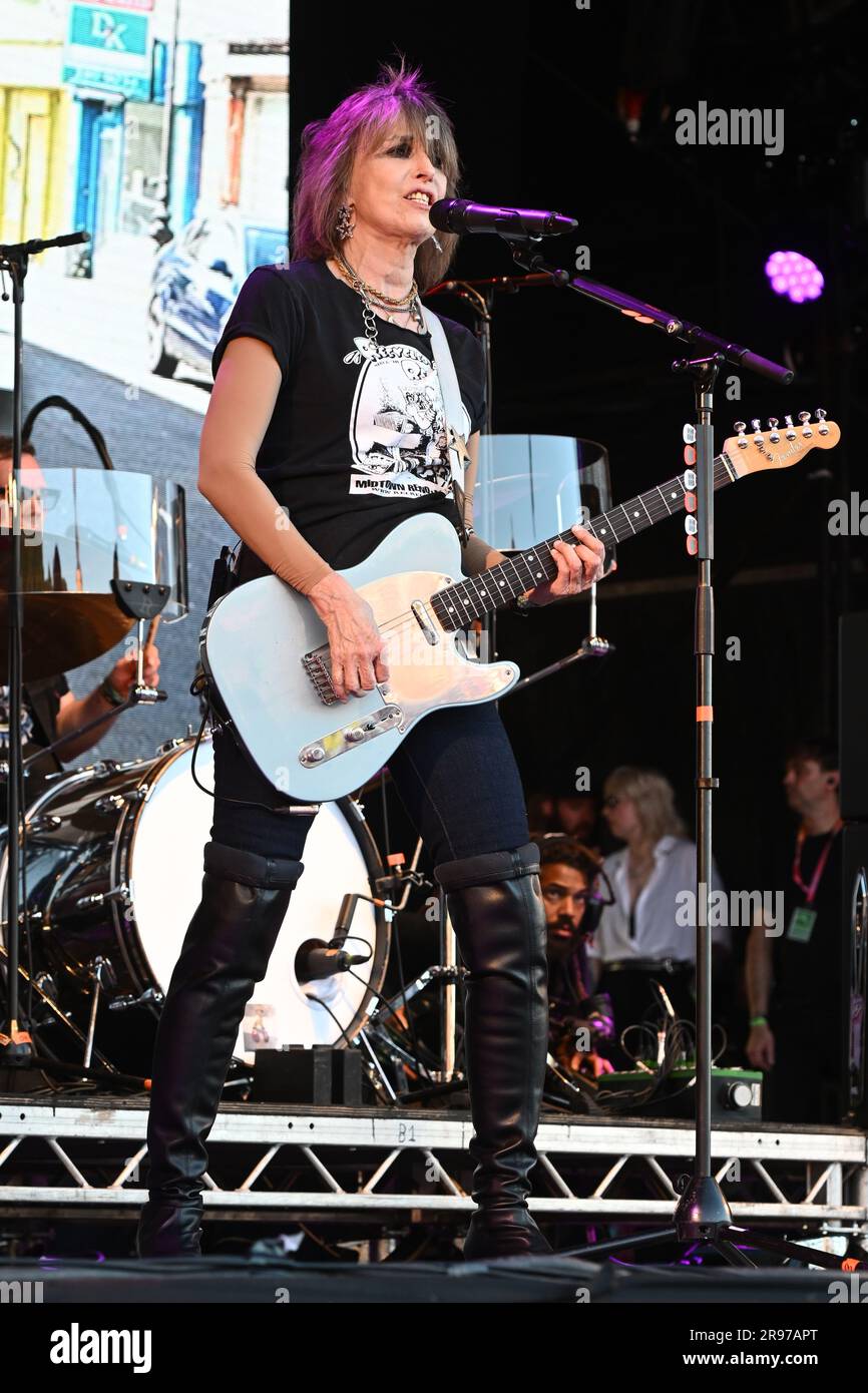 Somerset, UK. 24 June 2023. Chrissie Hynde performing with The ...
