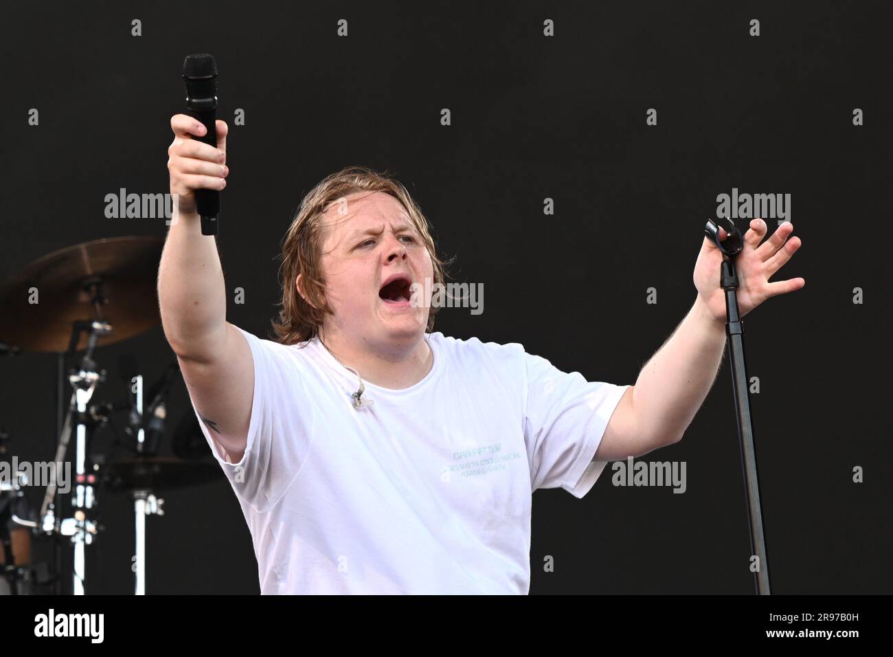 Somerset, UK. 24 June 2023. Lewis Capaldi performing on the Pyramid ...