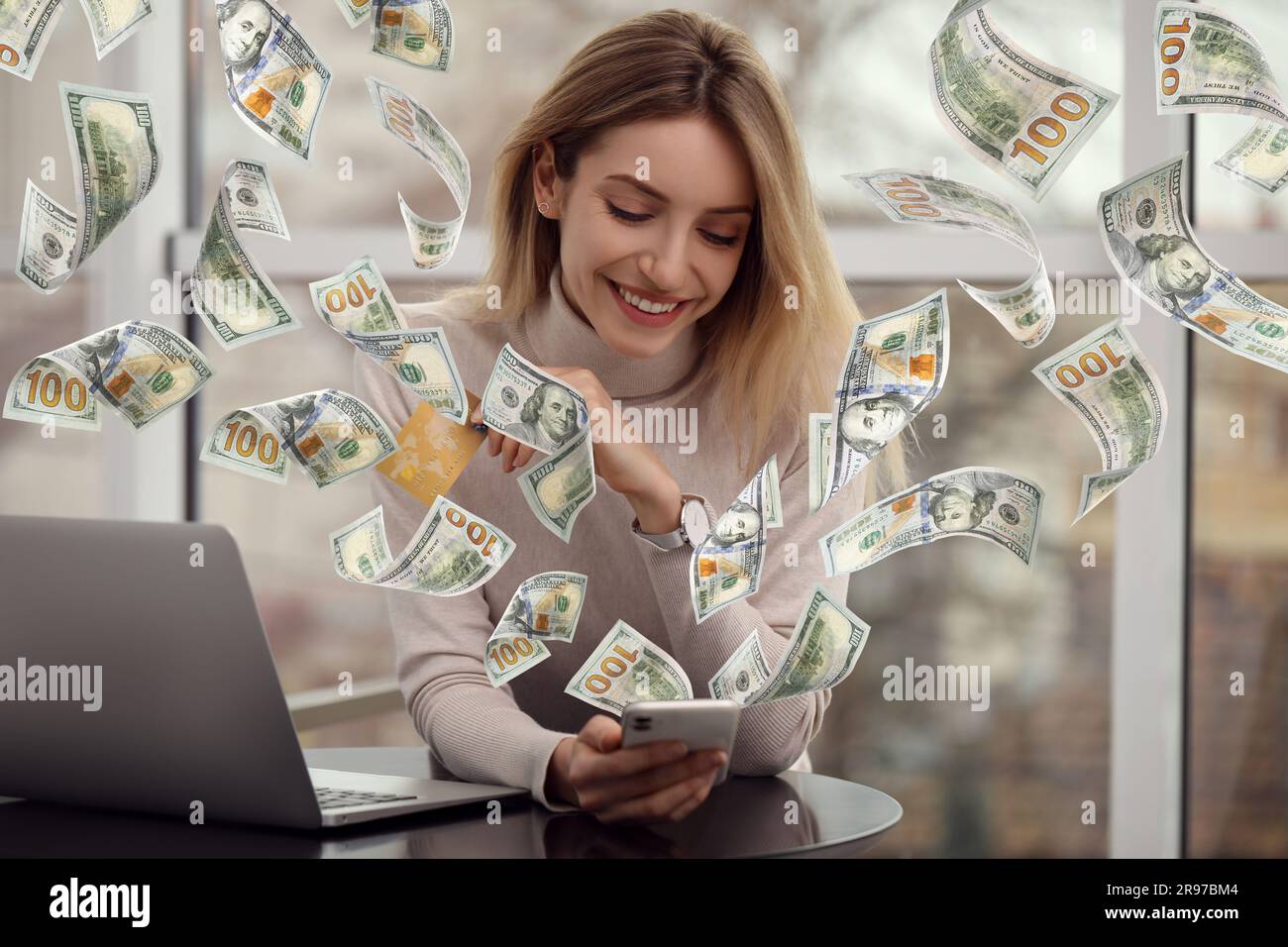 Online payment. Woman with credit card buying something using mobile ...