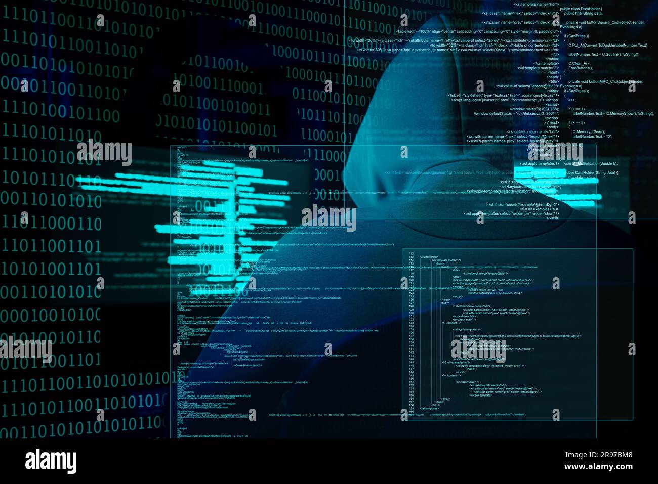 Cyber attack. Hacker working with computers on dark background. Different codes, illustration of ...