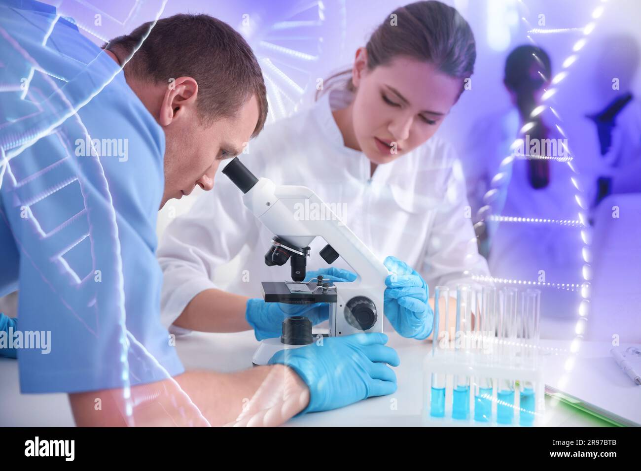 Genetic Testing Double Exposure Of Laboratory Worker Using Microscope At Table And Illustration