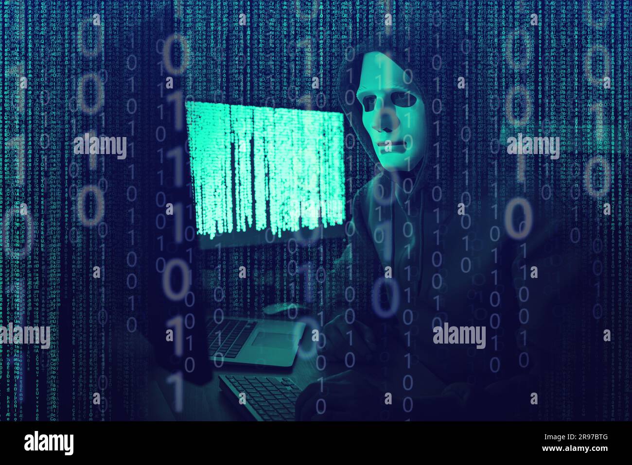 Cyber attack. Anonymous hacker in mask working with computers on dark background. Different ...