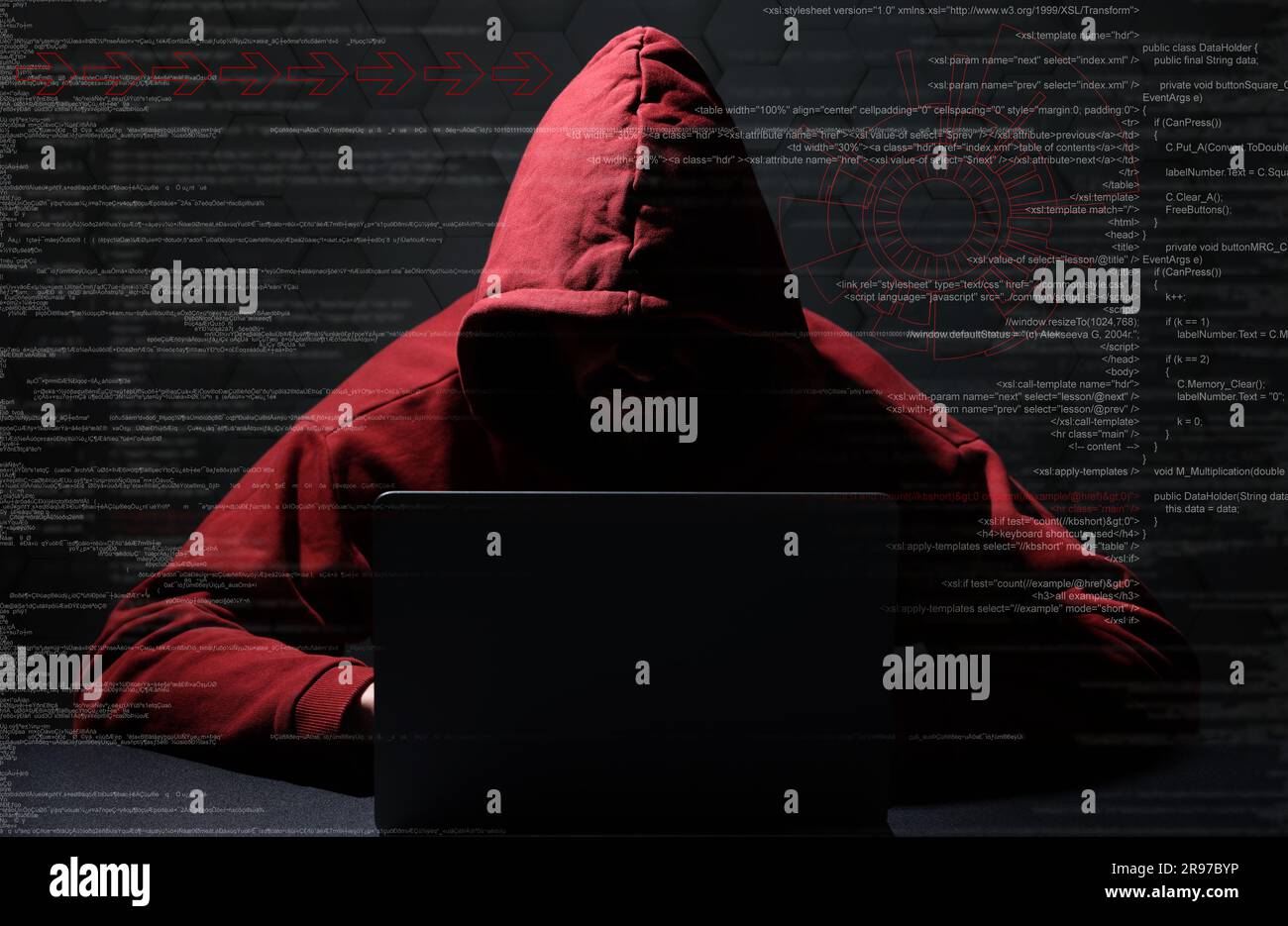 Cyber attack. Anonymous hacker working with laptop on black background. Different digital codes ...