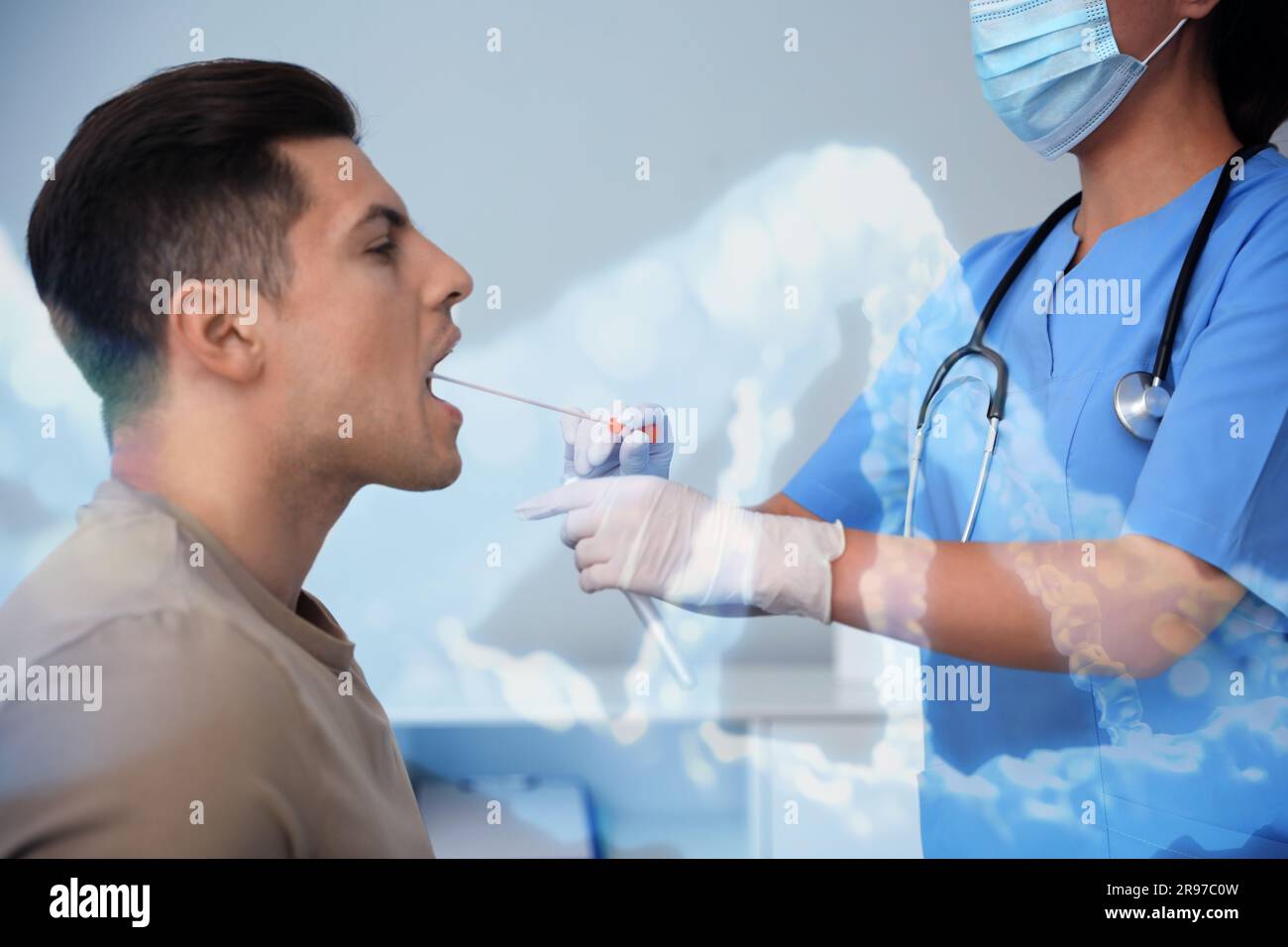 Double exposure of doctor taking sample for genetic testing from man in ...