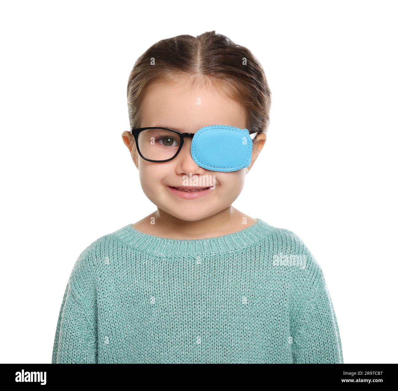 Happy girl with nozzle on glasses for treatment of strabismus against ...
