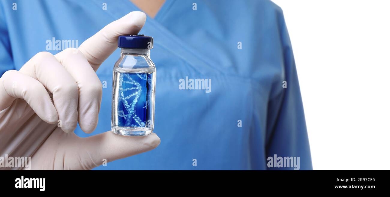 Genetics research. Scientist holding vial with liquid and illustration ...