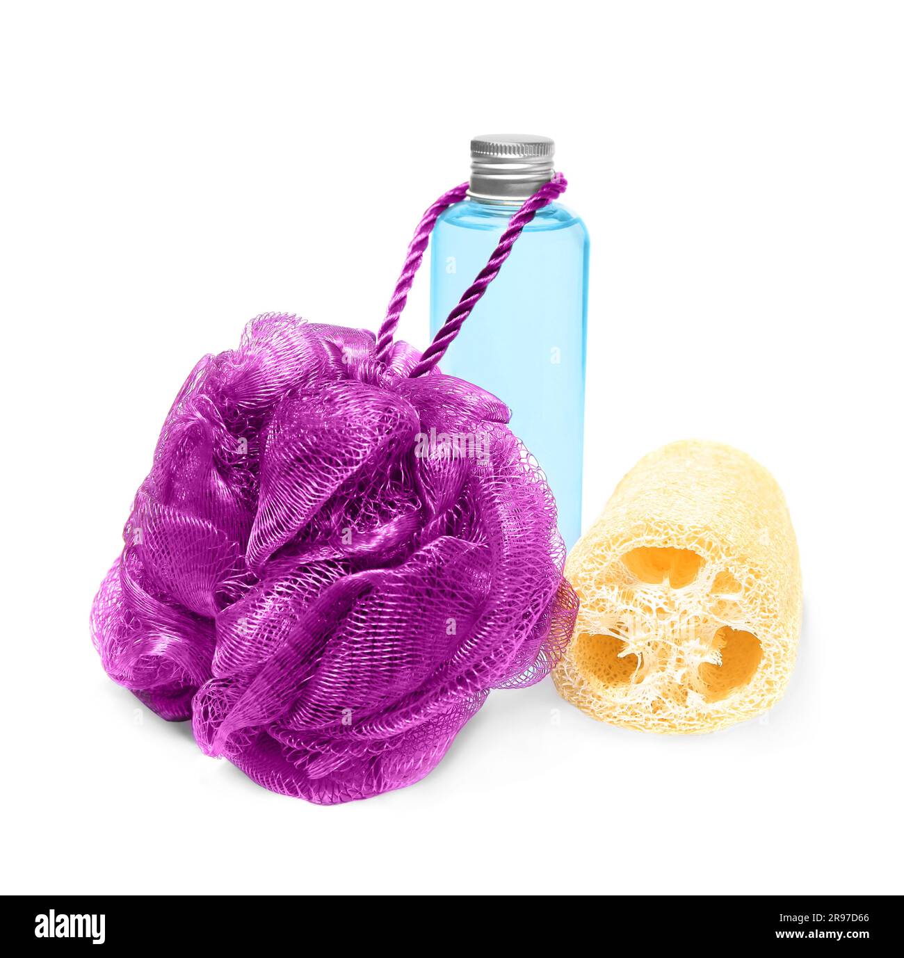New shower puff, loofah sponge and bottle of cosmetic product on white ...