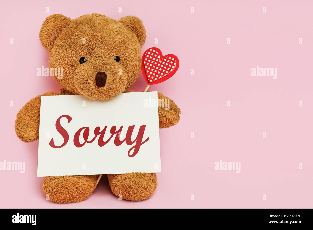 Cute teddy bear holding card with word Sorry on pink background, space ...